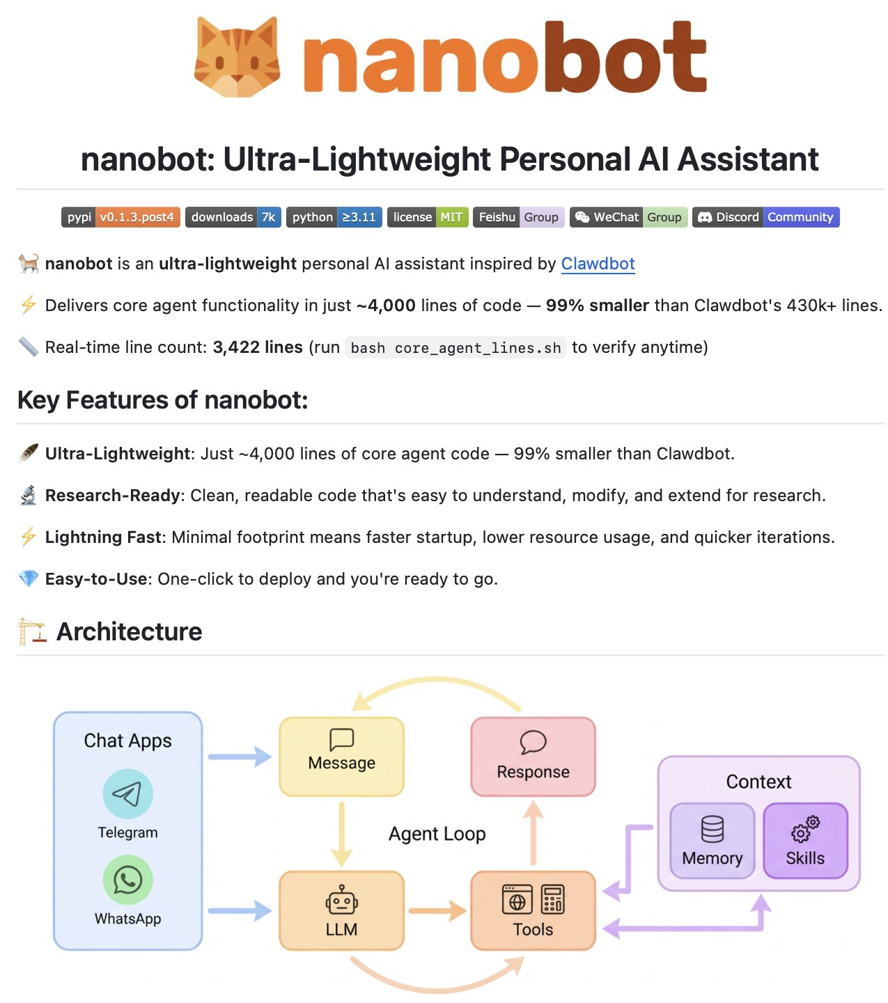Open-Source nanobot AI Assistant Launches With 99% Less Code Than Clawdbot